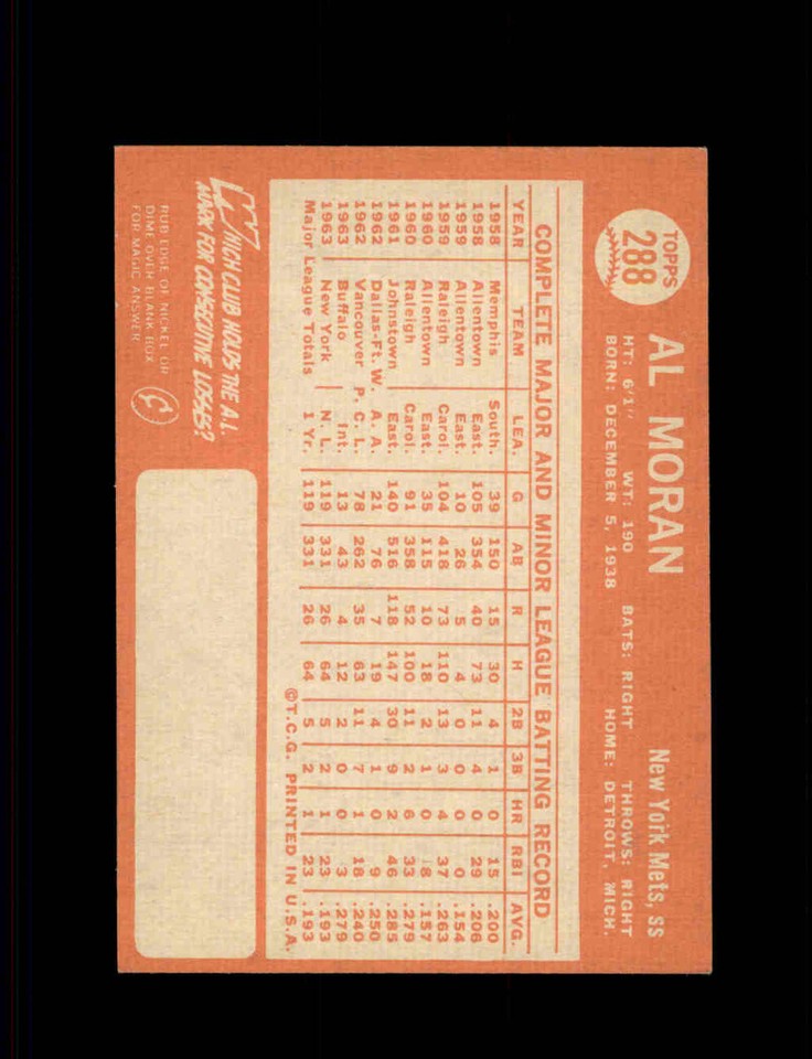 1964 AL MORAN TOPPS #288 METS *G5652 | eBay