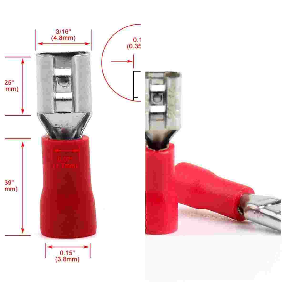 Red FDD1.25-187 4.8mm 16-22AWG Female Spade Wire Crimp Terminals 100 ...