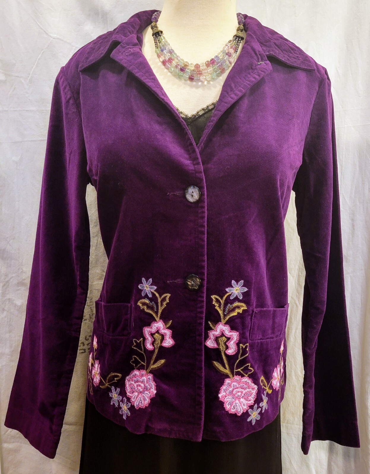 CHADWICKS EMBROIDERED FLORAL VELVET JACKET Plum Purple Velour GREEN ...