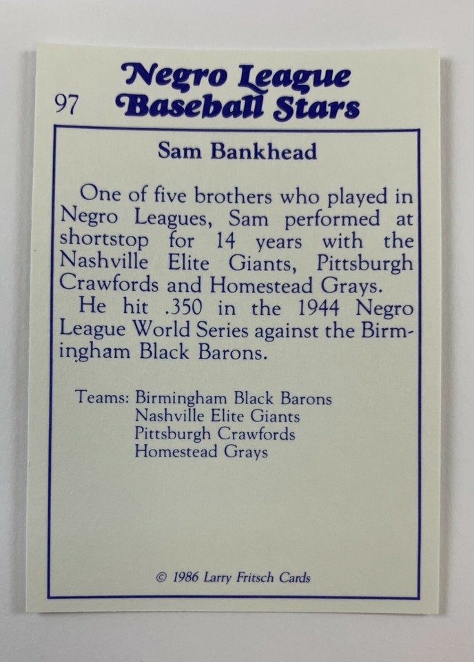 Fritsch Negro League Baseball Stars Singles: #97 Sam Bankhead | eBay