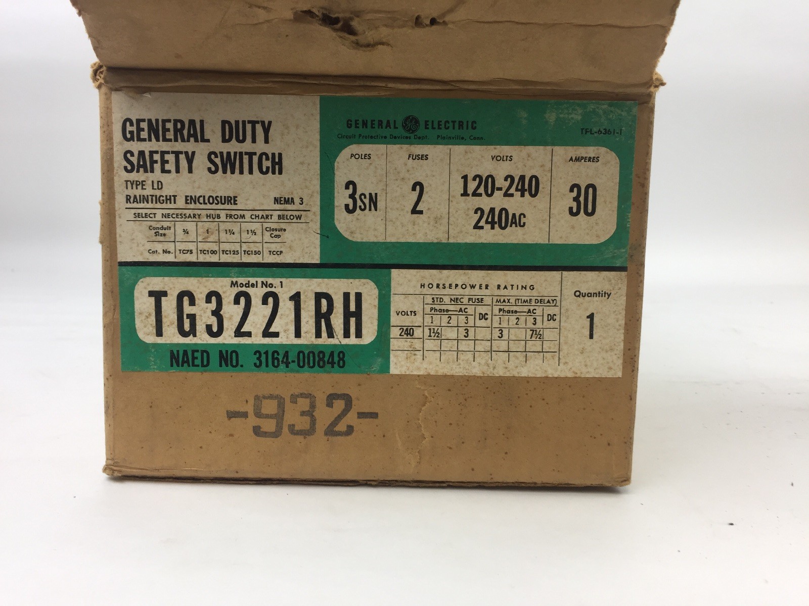 GE TG3221RH GENERAL DUTY SAFETY SWITCH 3SN POLES 120-240 VOLTS 240AC ...