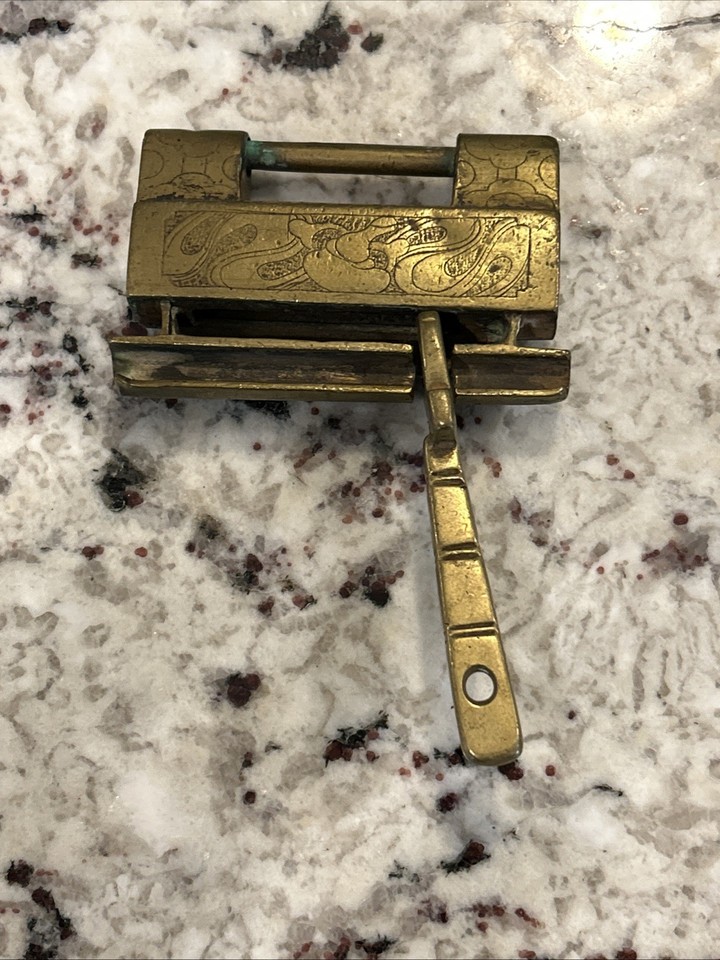 Antique 3” by 2” Brass Engraved Chinese Lock & Key, Early 20th Century ...