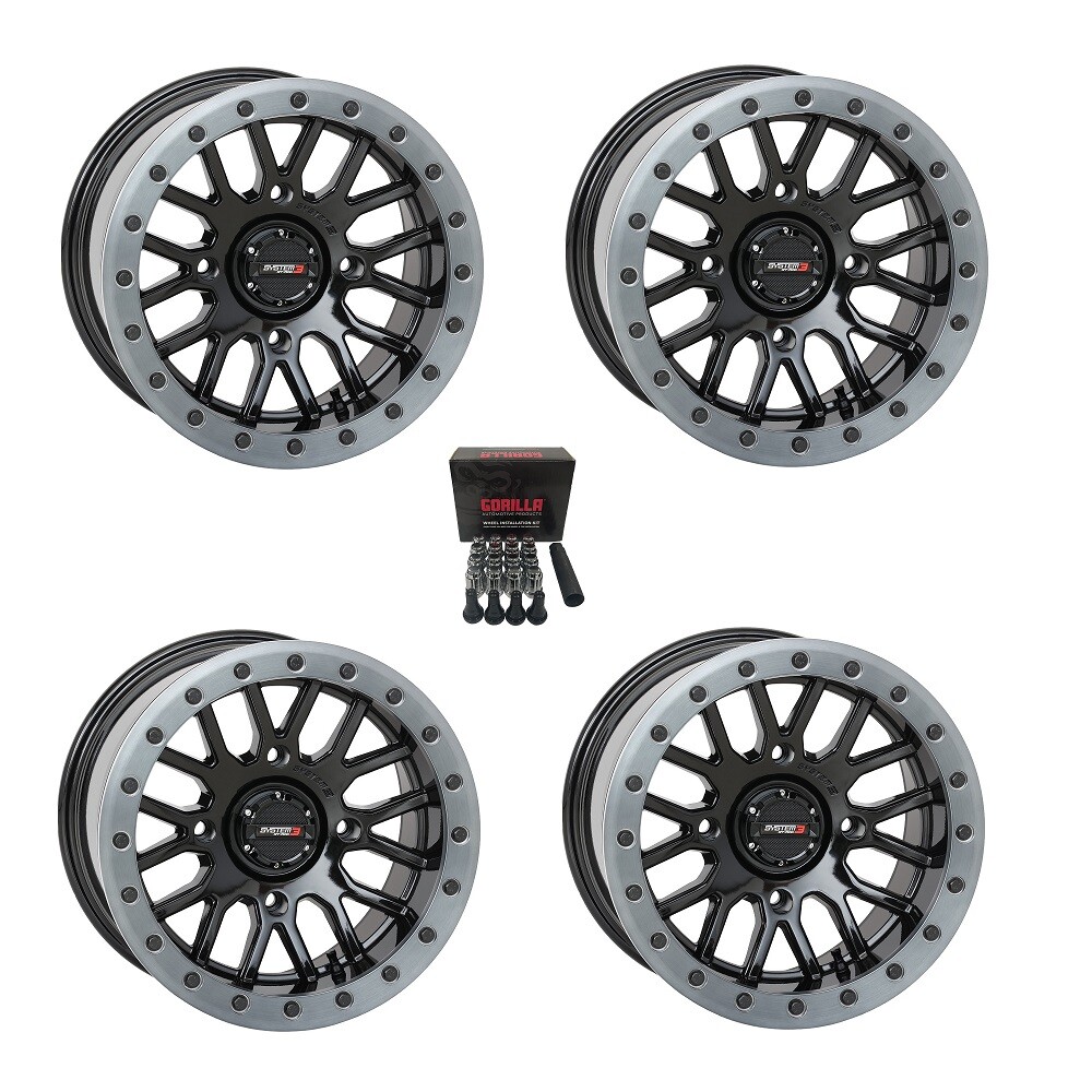 System 3 SB-9 Beadlock 15" Wheels Gloss Black +10mm Polaris RZR Turbo S ...