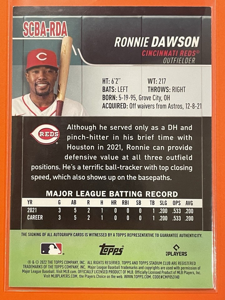 2022 Topps Stadium Club Ronnie Dawson Rookie Auto RC #SCBA-RDA Baseball ...