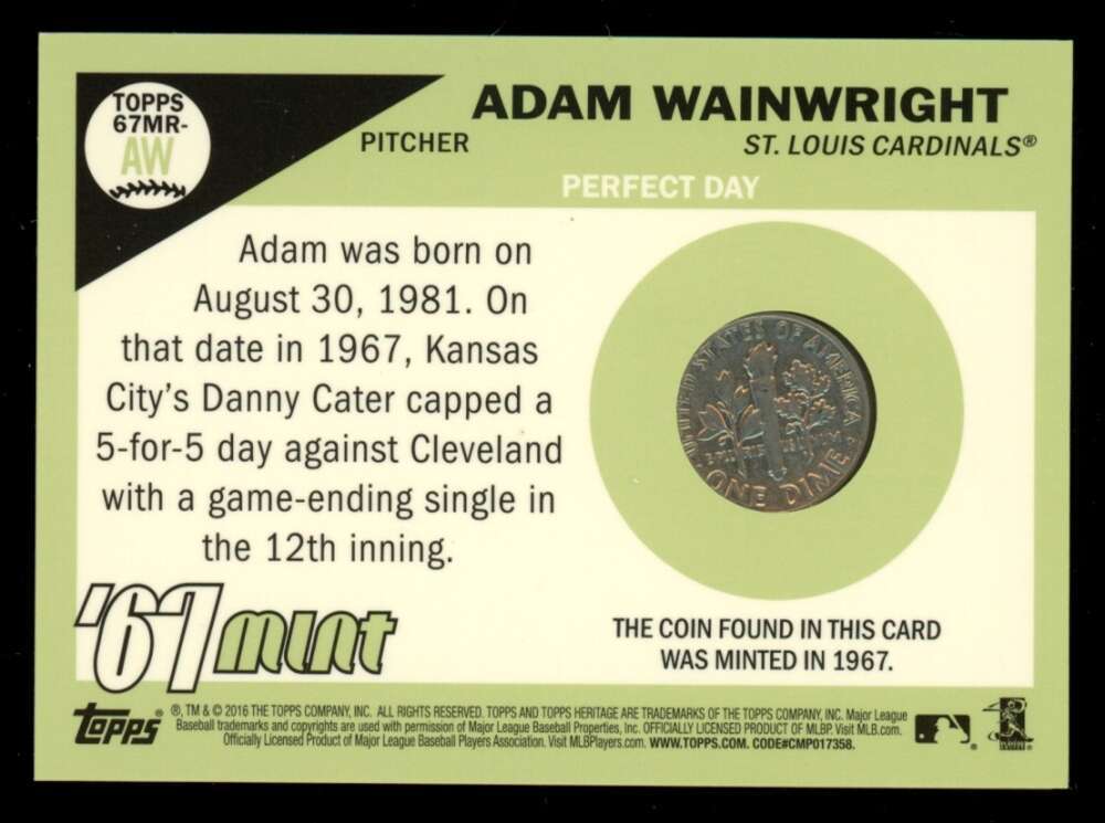 2016 Topps Heritage 67 Mint Coin Relic Dime Adam Wainwright Cardinals ...