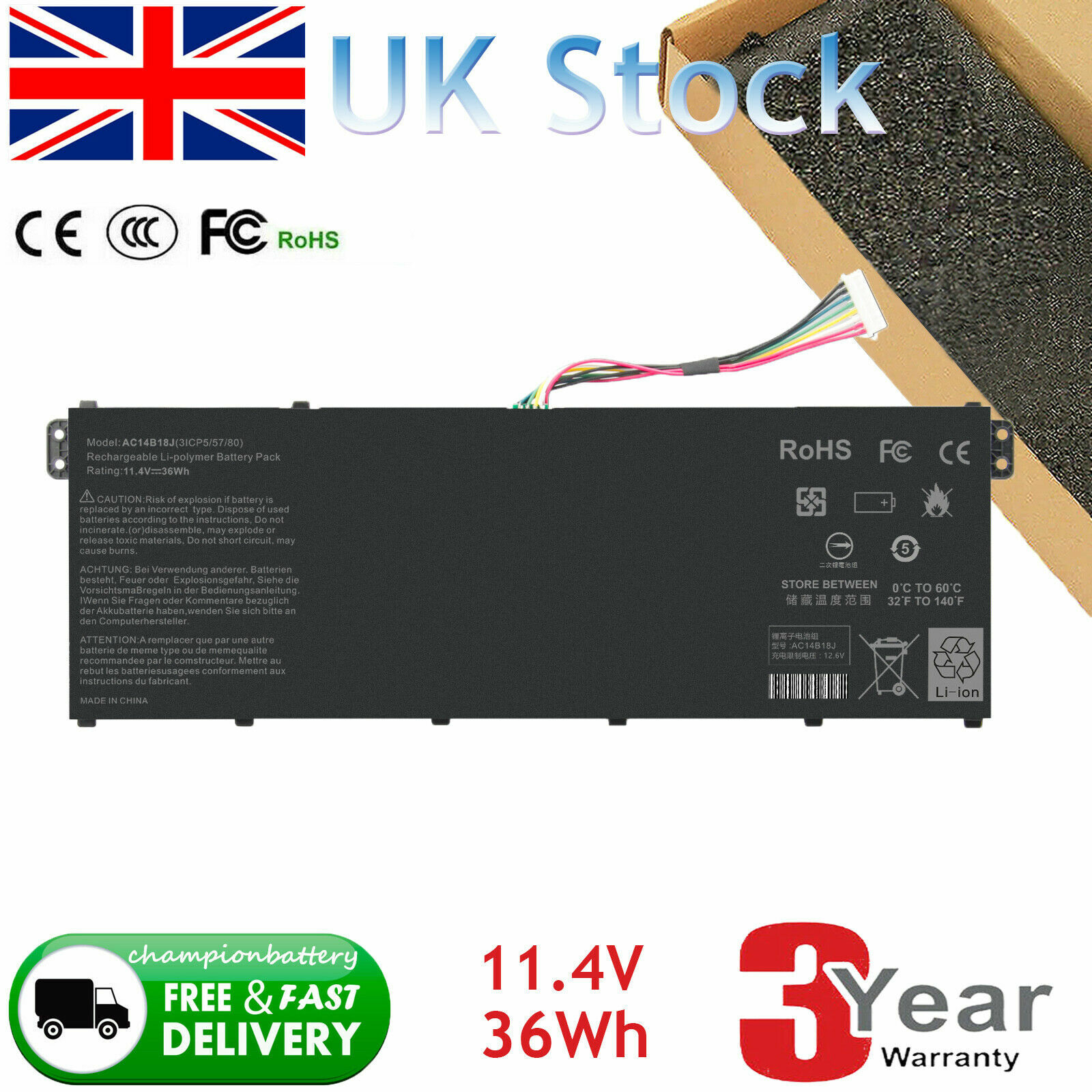 AC14B18J Laptop Battery for Acer E15 ES1-512 MS2394 EX2519 N15W4 E3-112 ...
