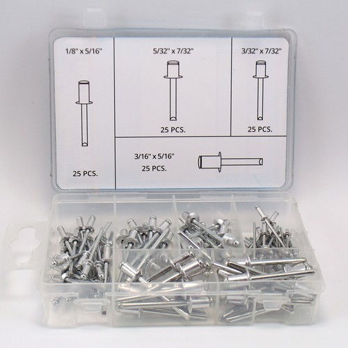 100 pc Pop Rivets Assortment 3/32" 1/8" 5/32" 3/16" Aluminum Blind ...