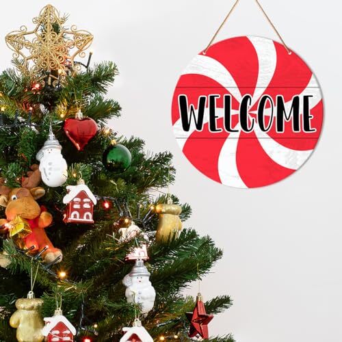 Winter Welcome Sign Front Door Decor Christmas Peppermint Round Hanging ...