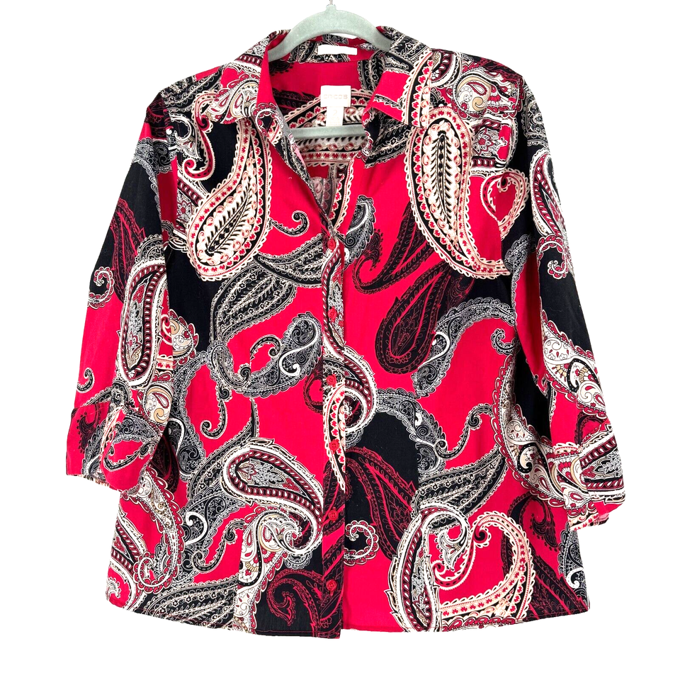 Chicos Effortless Chic Paisley Caroline Shirt Women’s Large Red Button ...
