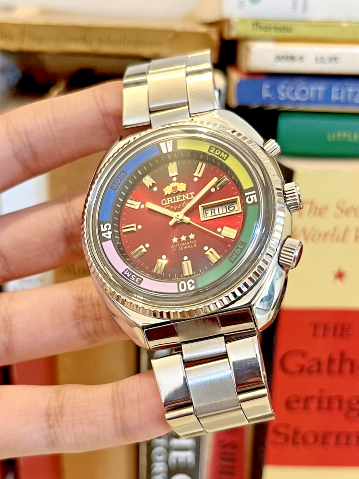 NOS Vintage Orient Three Star Diver Watch Red Sunburst Dial Rotating ...