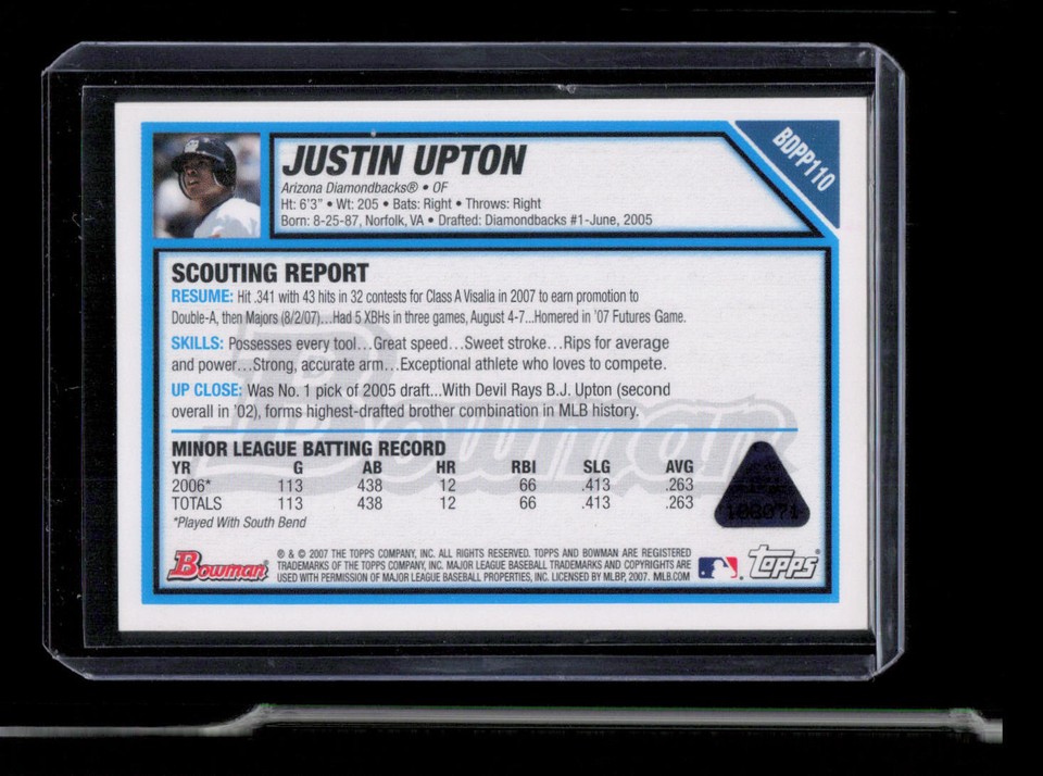 2007 Bowman Draft #BDPP110 Justin Upton RC Yellow Printing Plate 1/1 | eBay