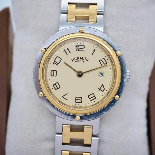 HERMES Clipper Watch Stainless Steel Gold Plated face Ivory 30mm | eBay ...
