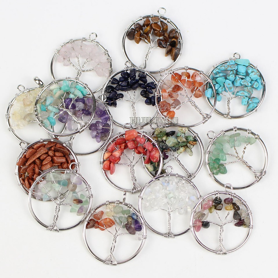 16pcs Natural Stone Gemstone Tree of Life Pendants Reiki Chakra Healing ...