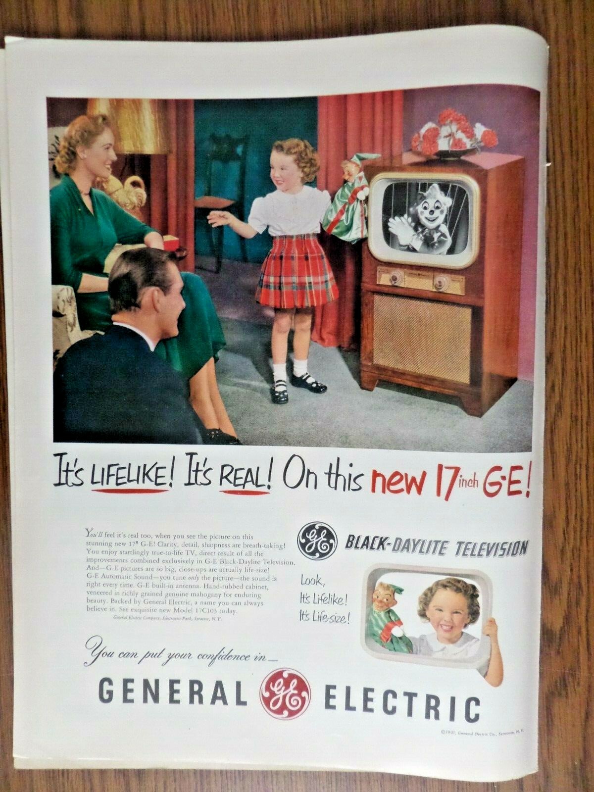 1951 TV Television GE General Electric Ad It's Real Lifelike | eBay