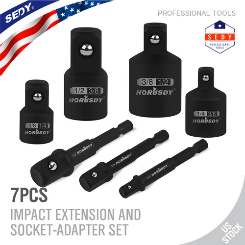 7pc Impact Socket Adapter Combo Kit Increaser Reducer Extension 1/4" 3/ ...