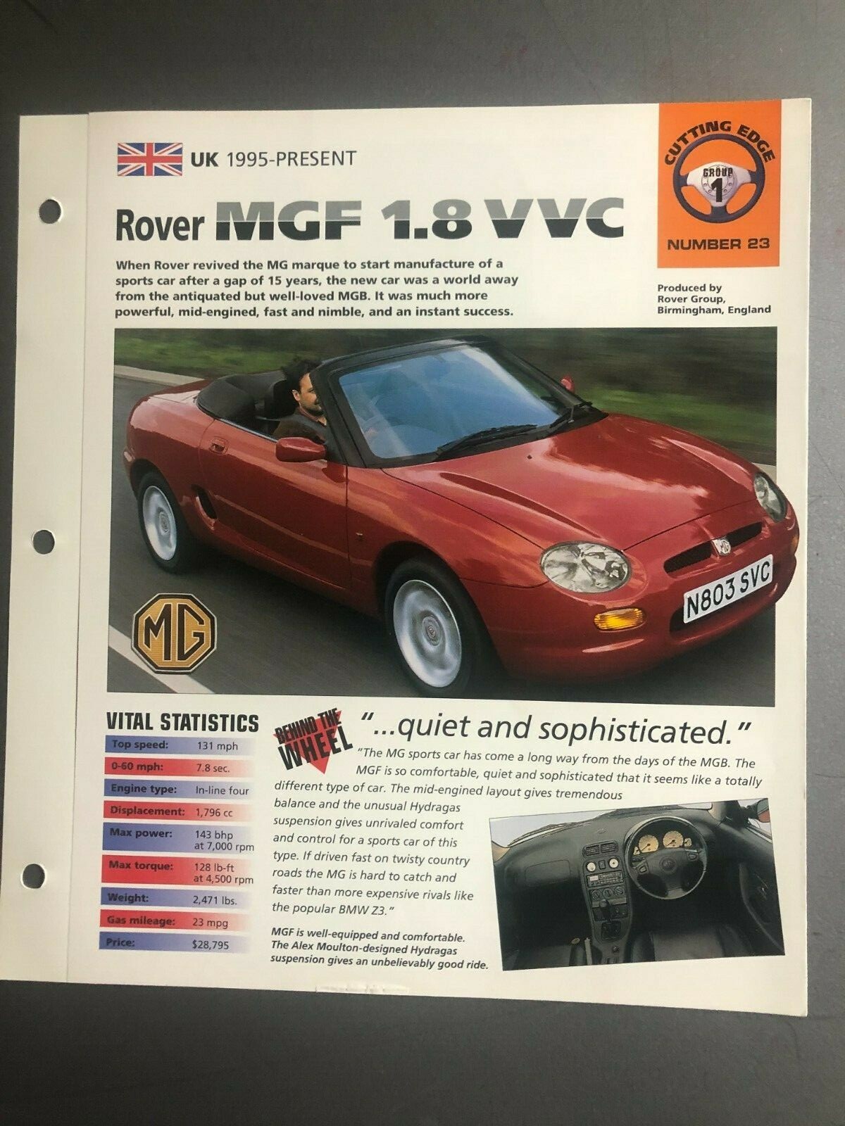 1995 Rover MGF 1.8 VVC Roadster IMP "Hot Cars" Spec Sheet, Folder ...