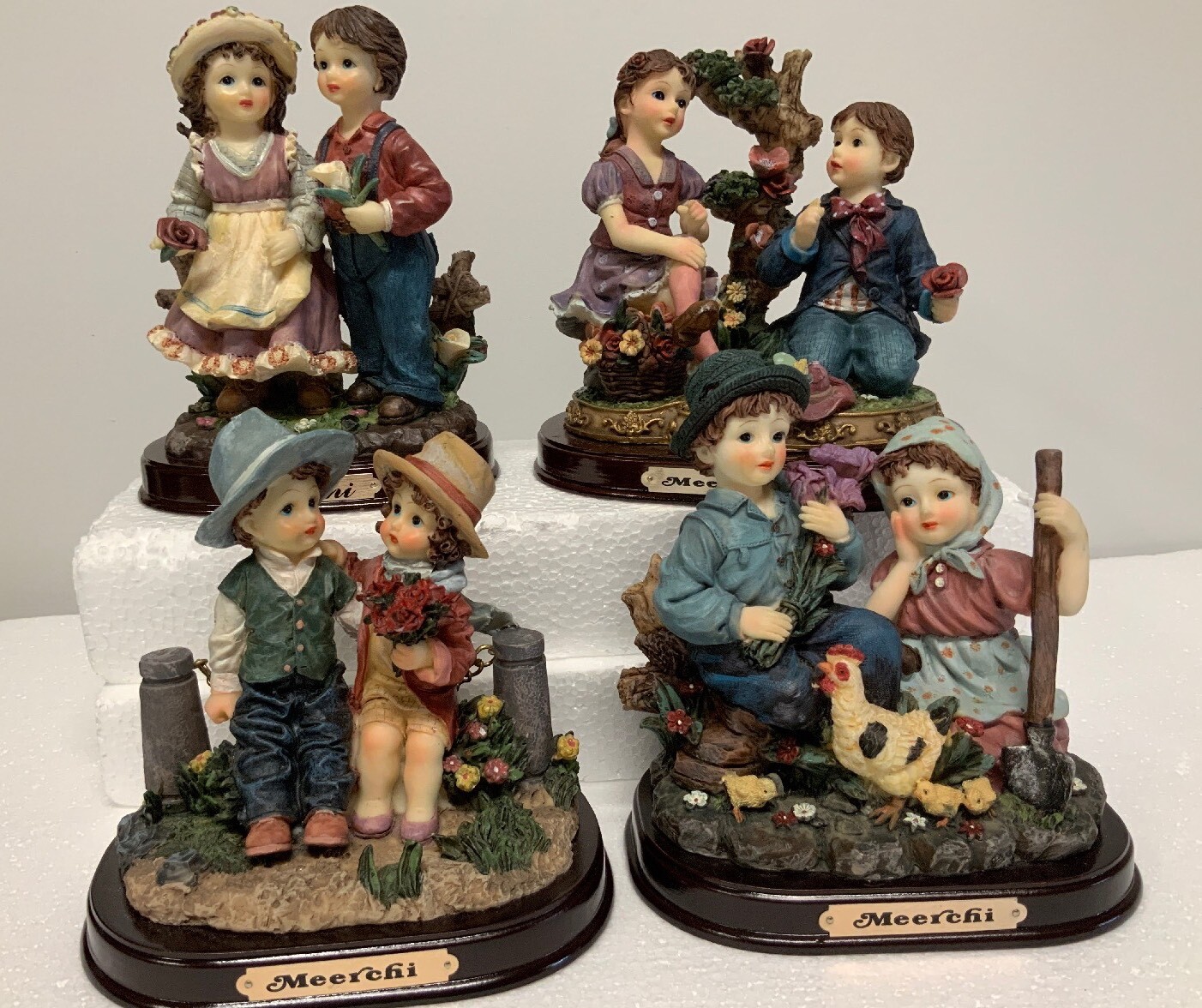 4 Vintage Meerchi Resin Girl & Boy Figurines on Wooden Base | eBay