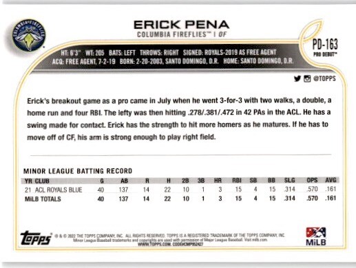 ERICK PENA 2022 Topps Pro Debut #PD-163 Columbia Fireflies | eBay