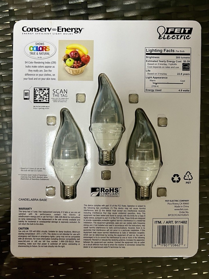 Feit LED Clear CFC Chandelier Bulb Dimmable 2700k Soft White 3.8W/40W 3 ...