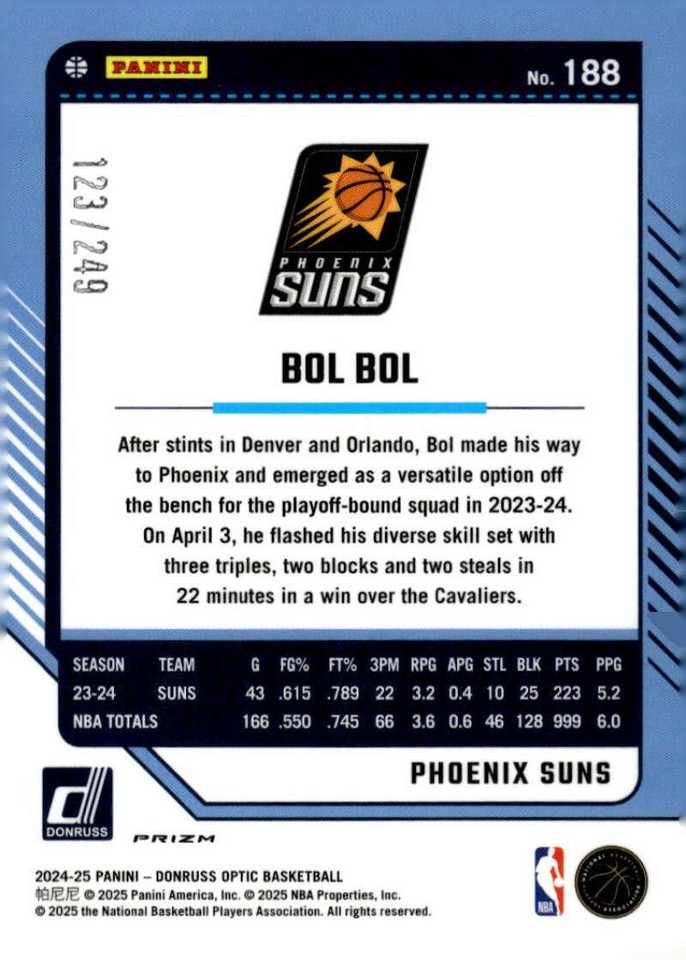 Bol Bol 2024-25 Donruss Optic /249 #188 Box Set NBA Suns ID:147710 | eBay