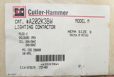 WESTINGHOUSE CUTLER HAMMER Size 3 A200 Lighting Contactor A202K3BW | eBay