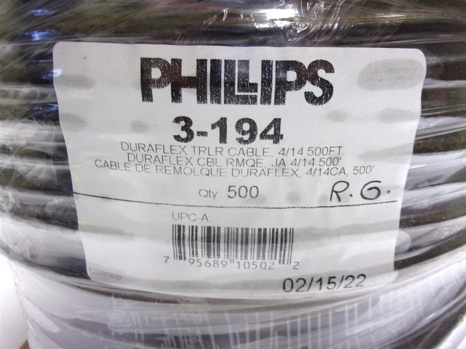 3-194 NEW PHILLIPS DURAFLEX BULK TRAILER CABLE 4 CONDUCTOR 14 GAUGE 500 ...