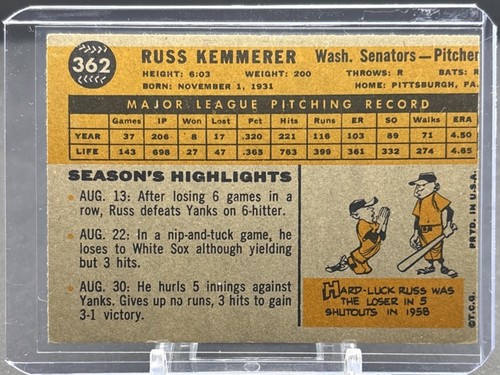 1960 TOPPS MLB Baseball #362 Russ Kemmerer Washington Senators Gray ...