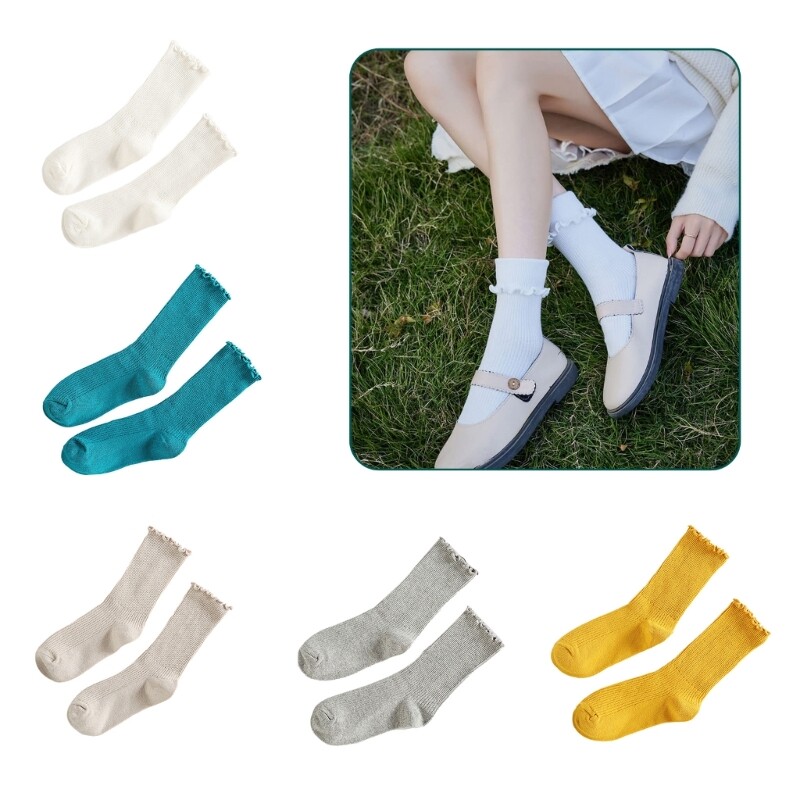 Women Cute Ruffle Socks Lettuce Edge Low Cut Middle Tube Frilly Knit ...