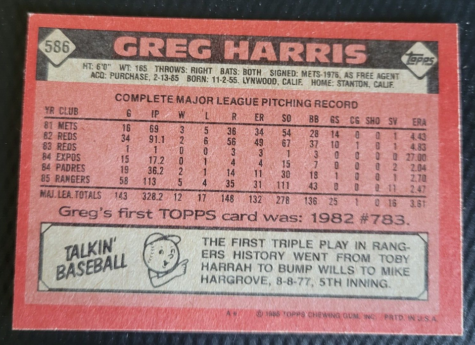 1986 Topps TCG Pitcher GREG HARRIS Texas Rangers MLB Baseball Card #586 ...