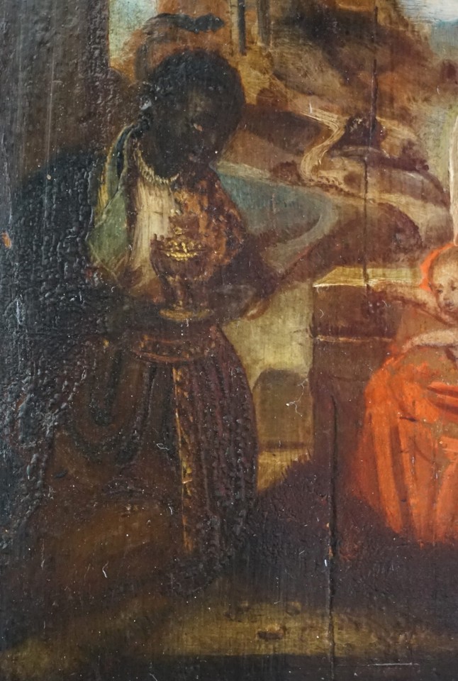 17thCen BALTHAZAR VISITING BABY JESUS WITH GIFTS NATIVITY Antique OIL ...