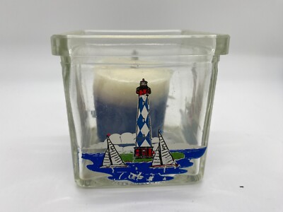 Lighthouse glass Candle holder with new white/blue candle 3"x 3" x 3 ...