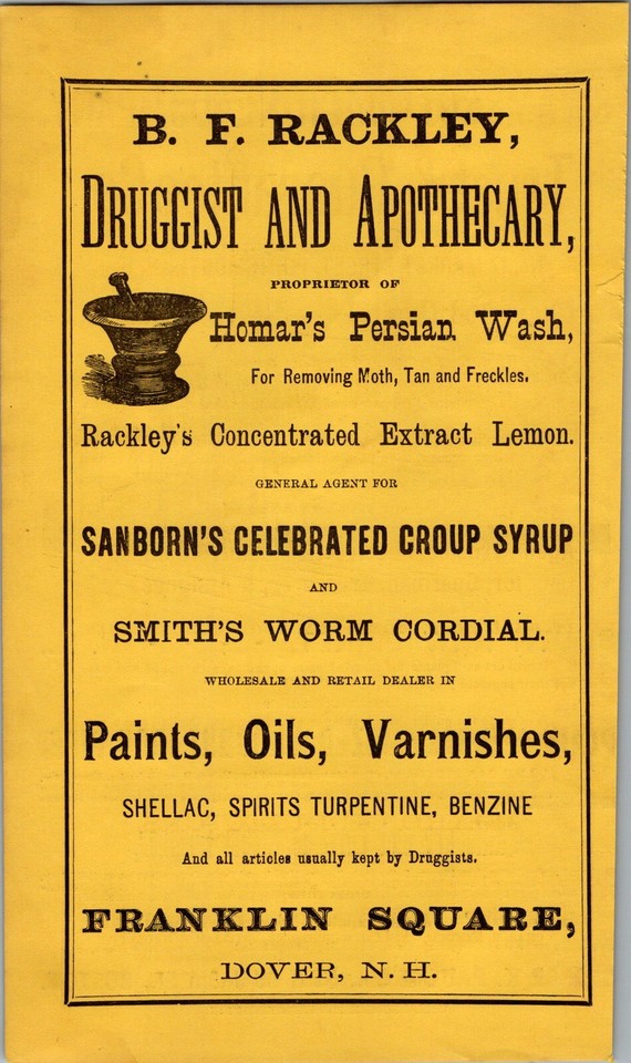 1875 B.F. Rackley Druggist Apothecary Smith's Worm Cordial Shellac Oils ...