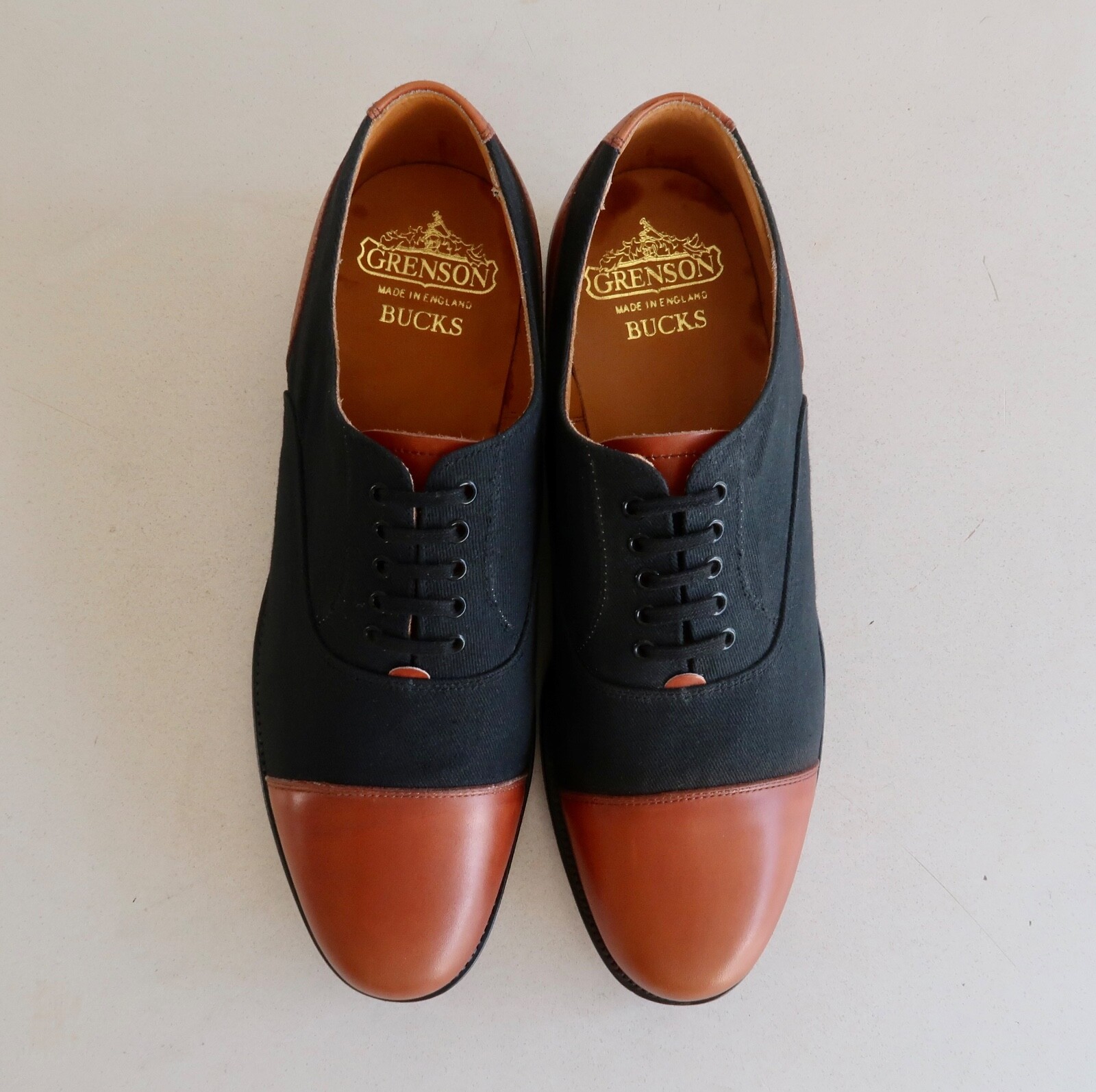 NOS 90s GRENSON Black twill&Brown leather combi shoes… - Gem