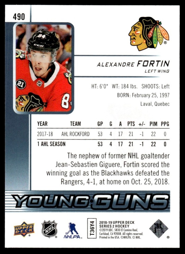 2018-19 Upper Deck Young Guns Alexandre Fortin Rookie Chicago ...
