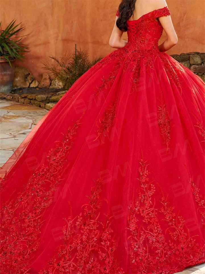 Red Ball Gown Applique Quinceanera Dresses Lace Basque Cocktail ...