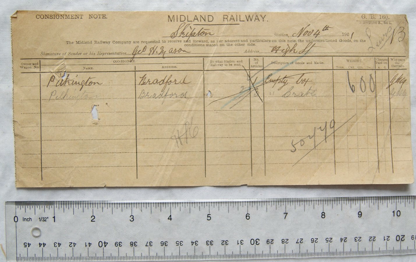 1901 Midland Railway consignment note Geo Mason, Skipton - Pilkington ...