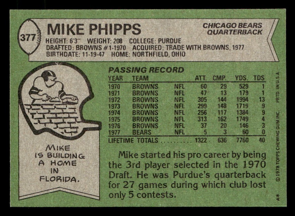 Mike Phipps 1978 Topps Card #377 Chicago Bears | eBay