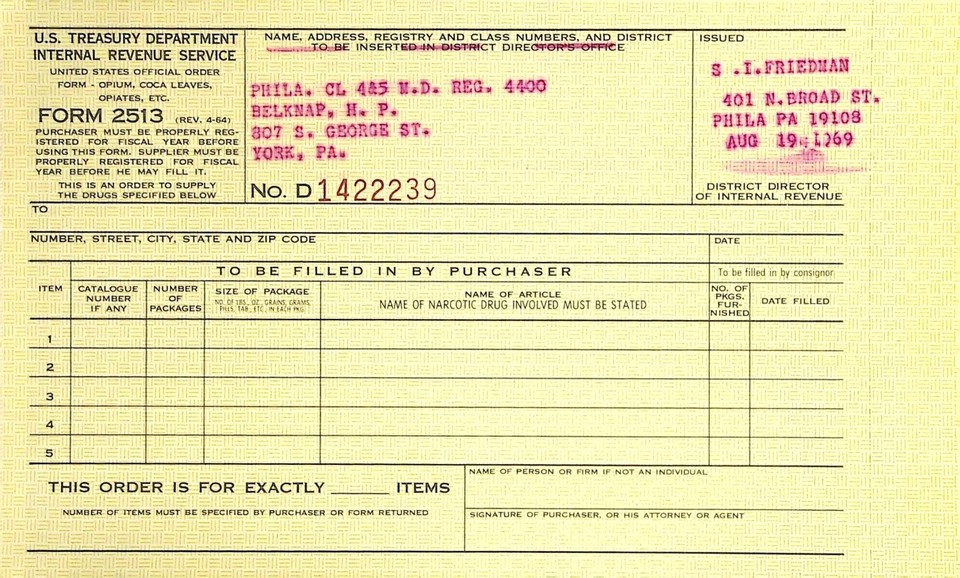 1969–Rev 4-64 Form 2513 U.S. Internal Revenue Order Opium Coca Leaves ...