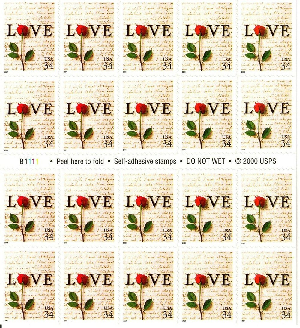Red Rose and Love Letters Pane of Twenty 34¢ Stamps For Weddings Scott ...