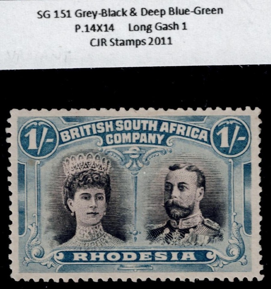1910 Rhodesia Double Head 1/- SG 151 Grey-Blk & Dp Blue-Green Long Gash ...