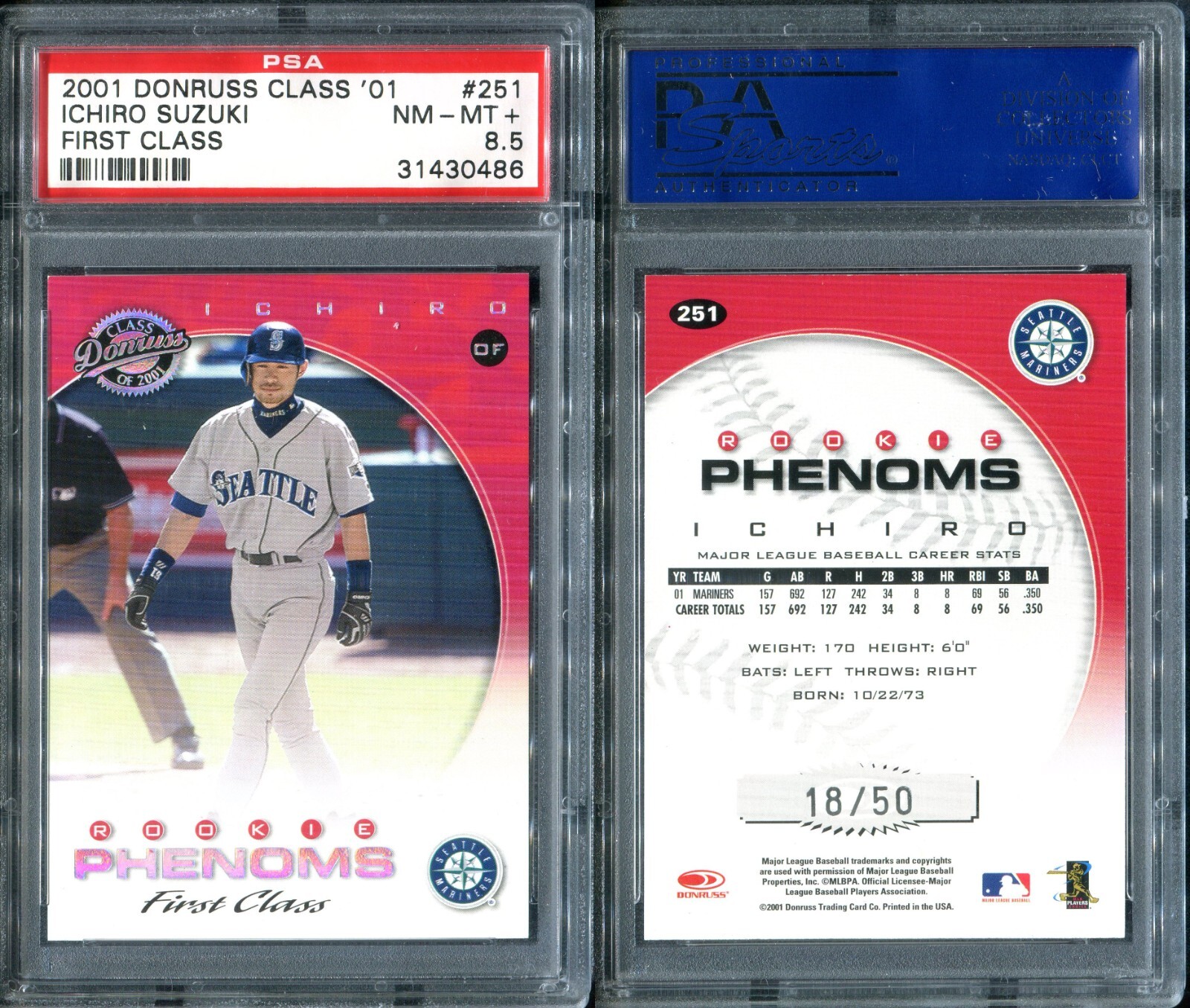 PSA 8.5 2001 Donruss Class of 2001 First Class #251 Ichiro Suzuki /50 ...