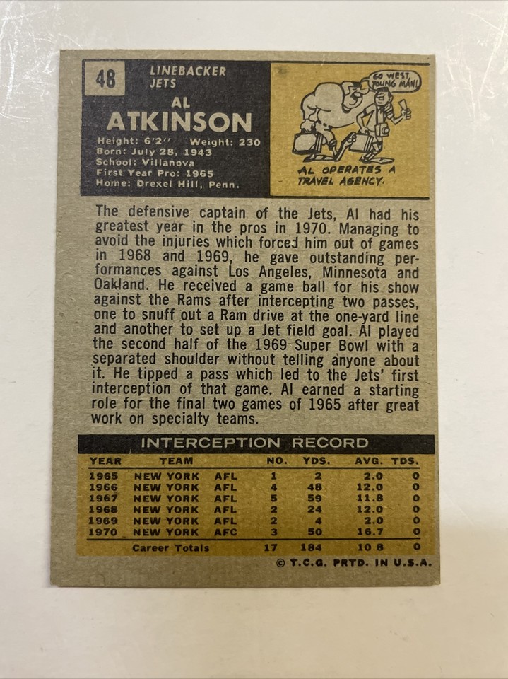 1971 Topps Al Atkinson Autographed Card #48 New York Jets A-29 | eBay