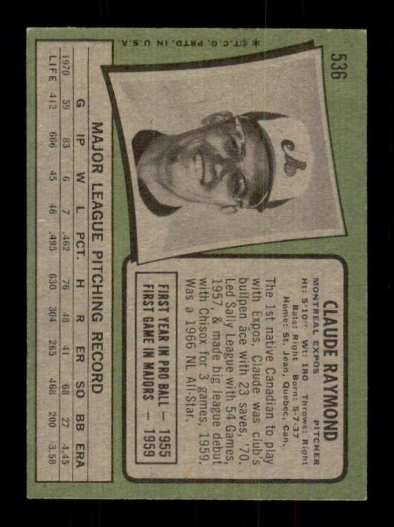 1971 Topps #536 Claude Raymond VGEX Expos 530749 | eBay