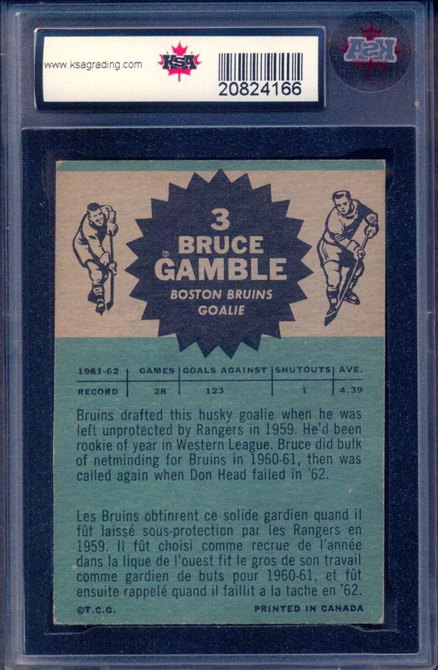 1962-63 TOPPS HOCKEY NHL #3 Bruce Gamble Rookie KSA 6 EXNM Bruins Maple ...