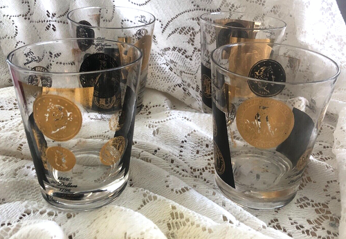 Vintage MCM Cera Beverage Rock Glass Set Gold Black Dollar Coin 4.5 ...