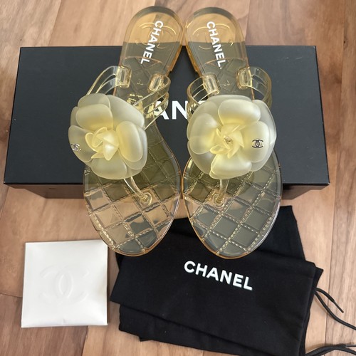 CHANEL Camellia CC Jelly Thong Sandals EUR37 US7 Yellow Flower new in ...