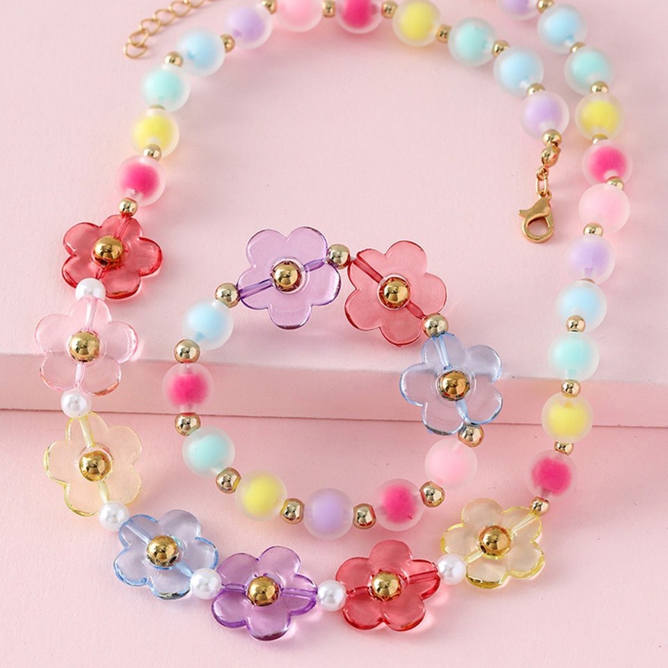 1 Set Girls Bracelet Necklace Kids Lovely Jewelries Beaded Flower ...
