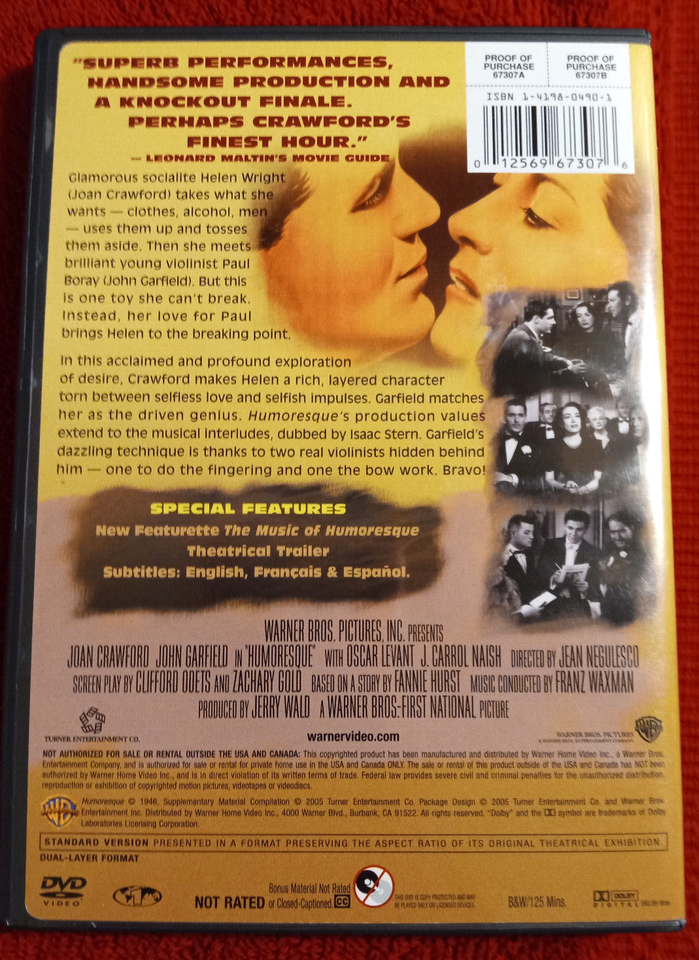 Humoresque DVD Joan Crawford John Garfield Oscar Levant 1946 Noir ...