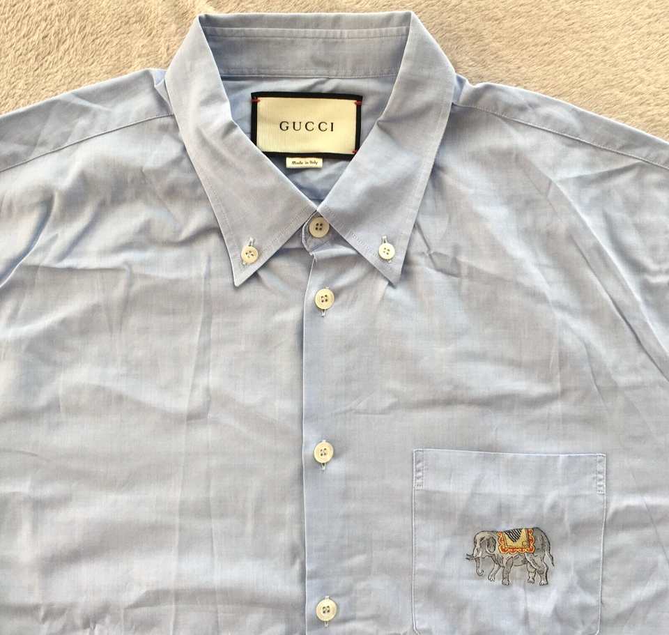 Gucci Duke mens RARE Elephant Embroidered Sky Blue shirt size 44, 17 1/ ...