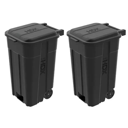 45 Gal. Black Outdoor Vented Trash Can with Wheels, Attached Lid (2 ...